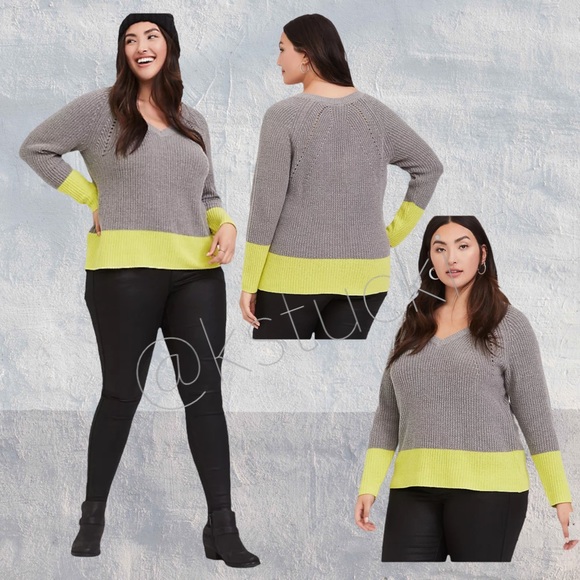 torrid | Sweaters | Torrid Gray And Neon Yellow Color Block Sweater ...